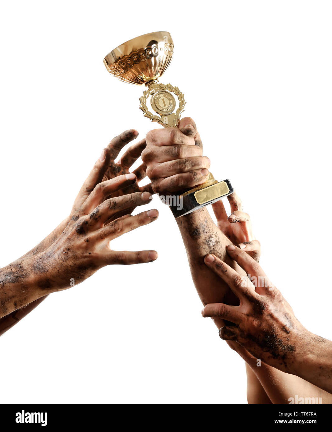 Gold cup in hands isolated on white Stock Photo - Alamy