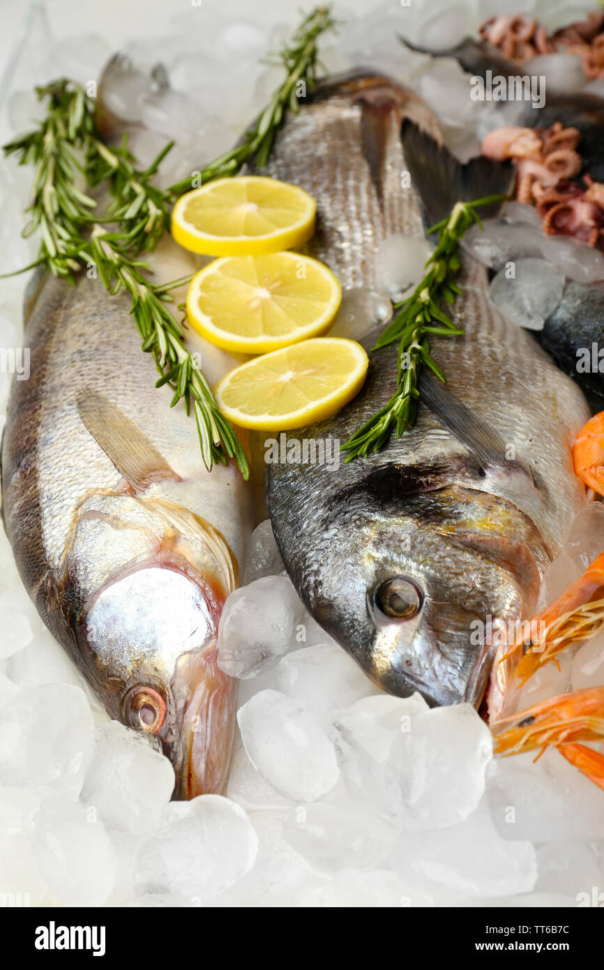 Fresh fish and other seafood on ice Stock Photo - Alamy