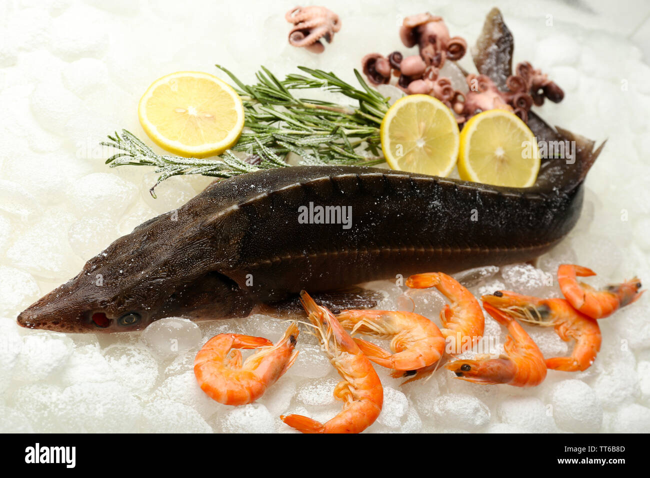 Fresh fish and other seafood on ice Stock Photo - Alamy