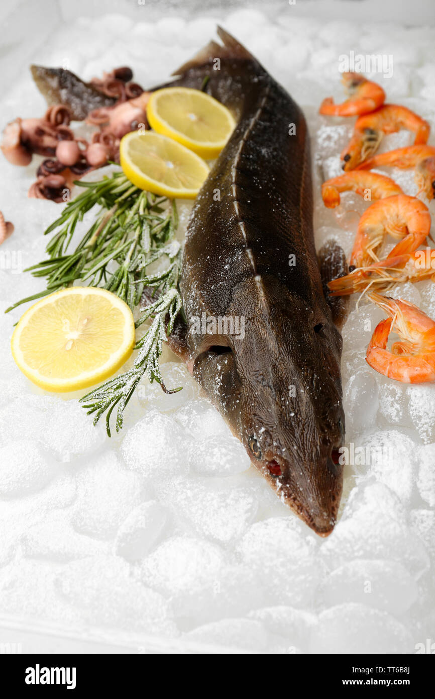 Fresh fish and other seafood on ice Stock Photo - Alamy