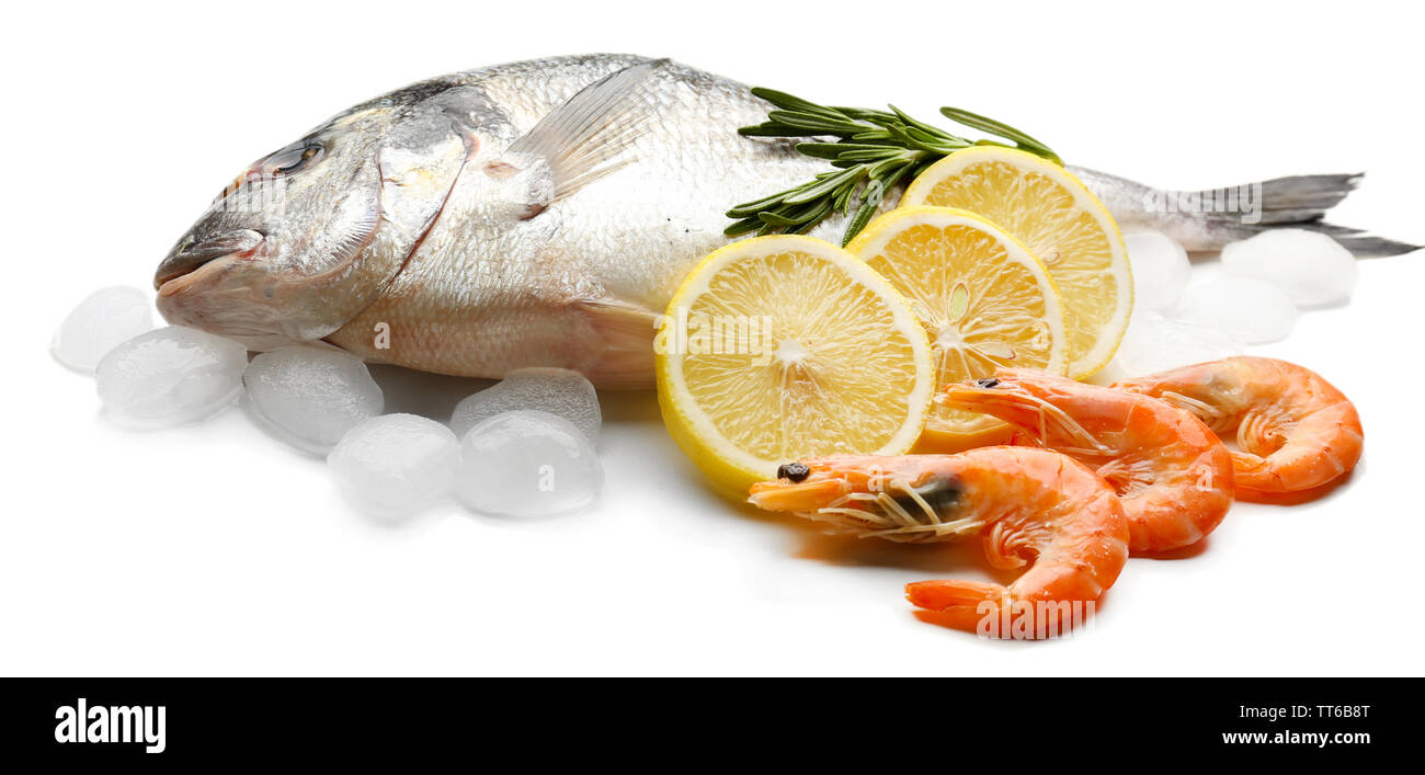 Fresh fish with ice isolated on white Stock Photo - Alamy