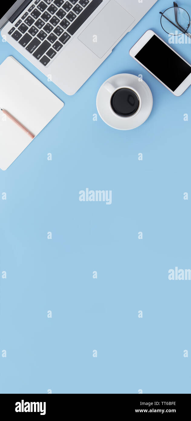 Business concept. Clean bright light blue office table desk, minimal ...