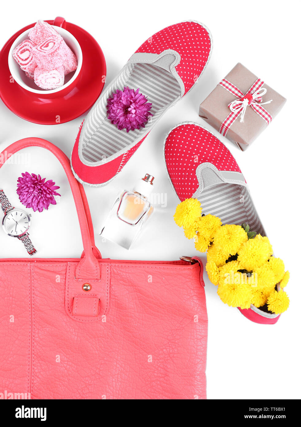 Women bag stuff top view isolated on white Stock Photo - Alamy