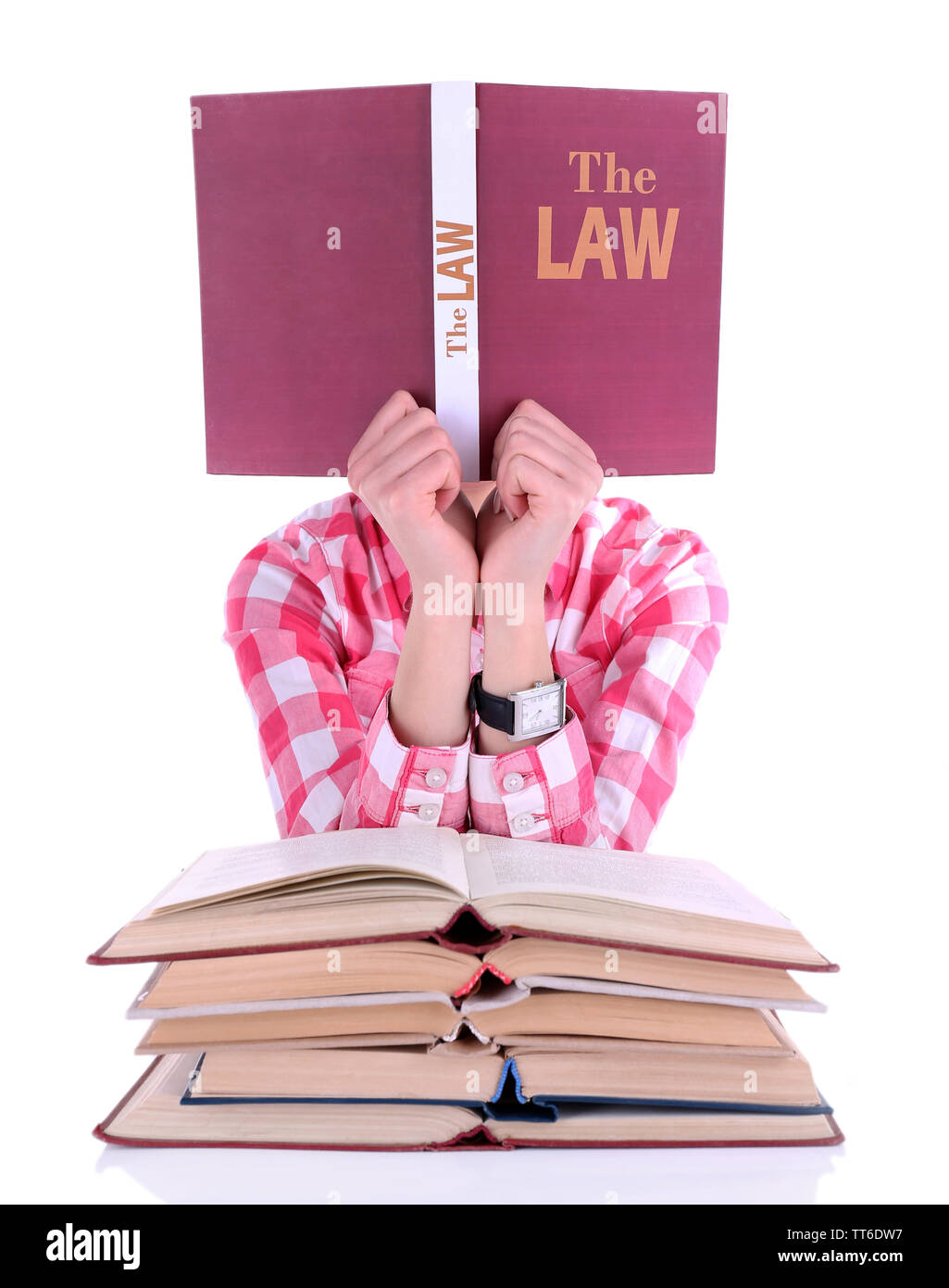 Girl reading book covering her face isolated on white Stock Photo - Alamy