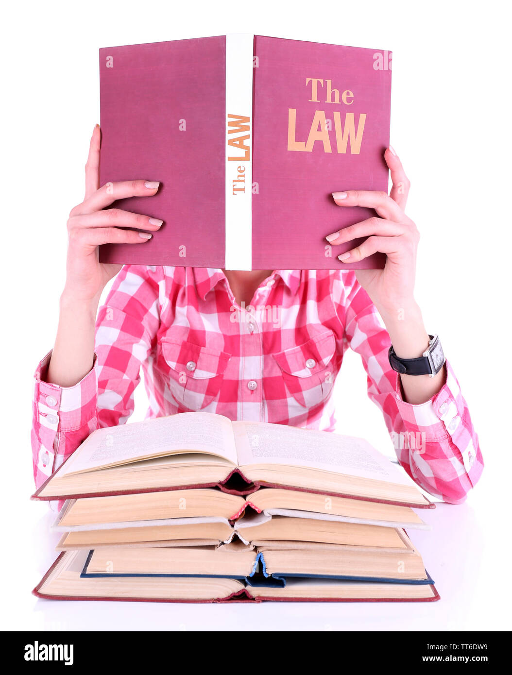 Girl reading book covering her face isolated on white Stock Photo - Alamy