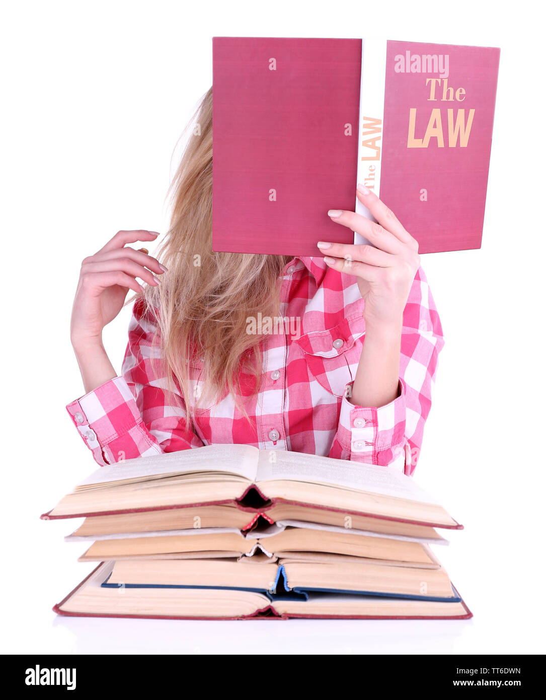 Tired girl reading book isolated on white Stock Photo - Alamy