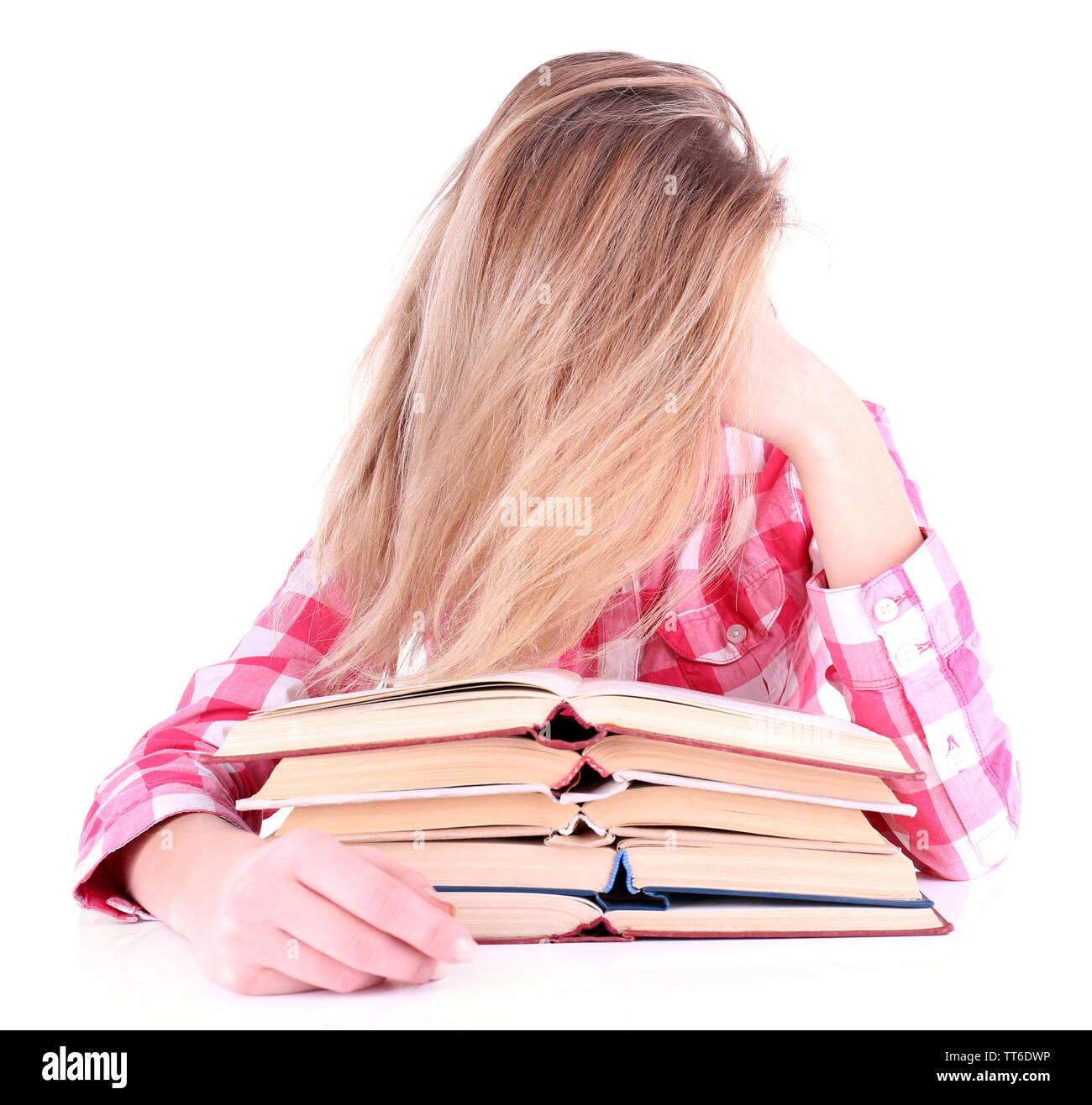 Tired girl with books isolated on white Stock Photo - Alamy