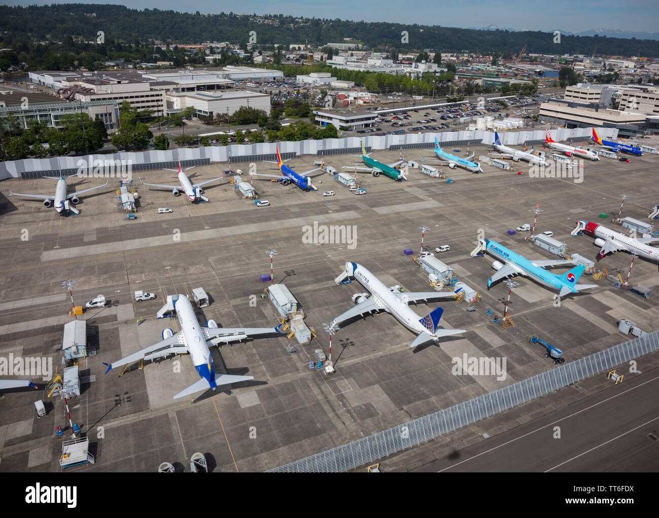 June 2019: Boeing 737 Max aircraft grounded at Boeing Field factory ...