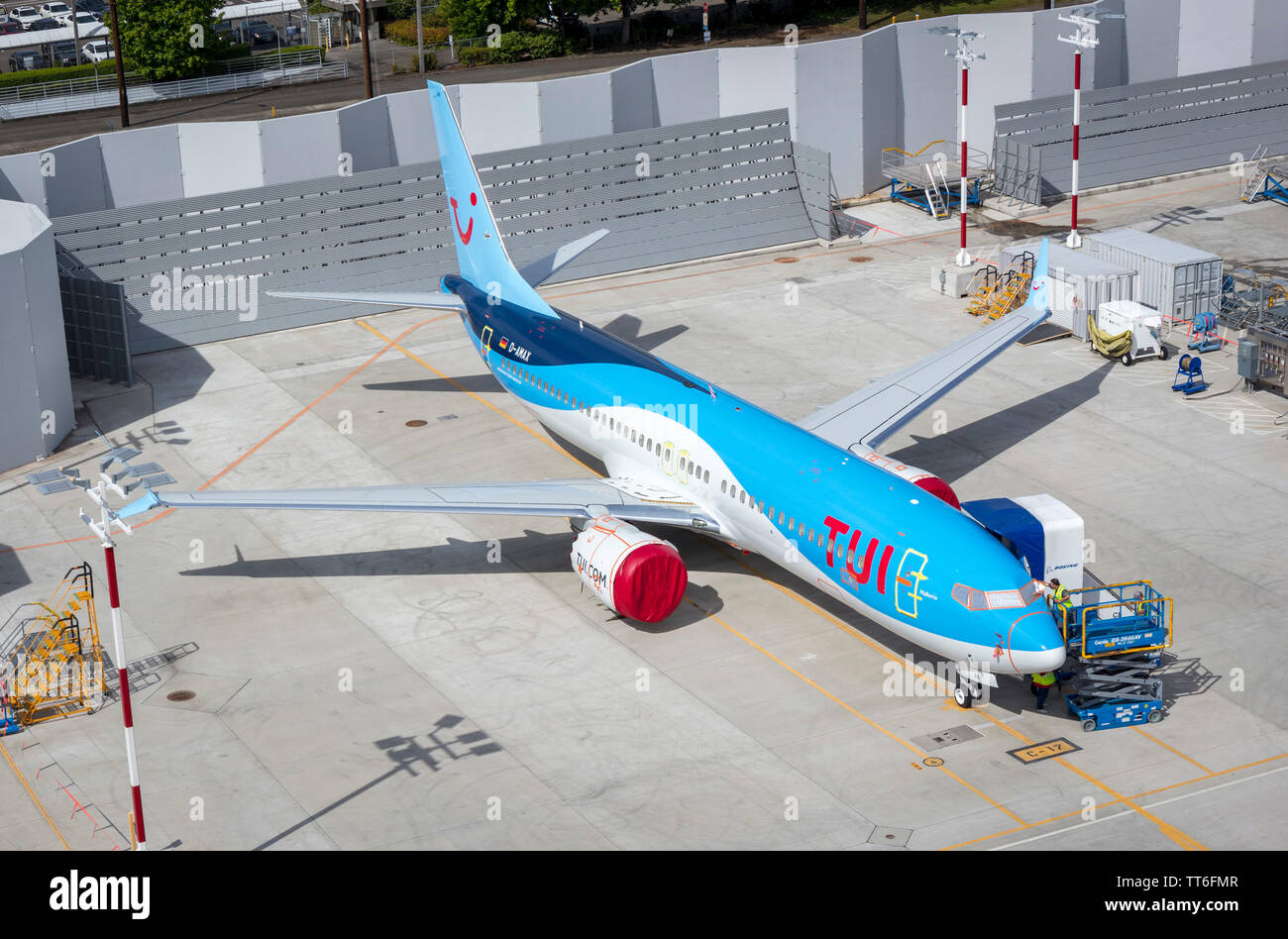 June 2019: Tui Boeing 737 Max aircraft grounded at Boeing Field factory ...