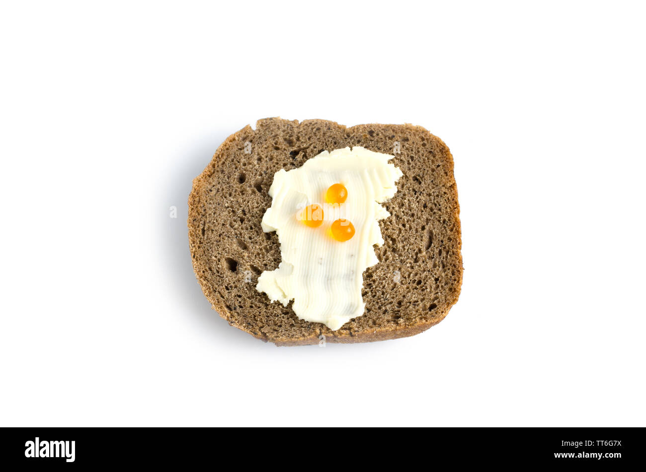The poor slice of bread with a small amount of butter and red caviar on ...