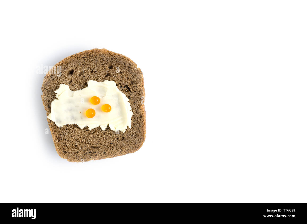 The poor slice of bread with a small amount of butter and red caviar on ...
