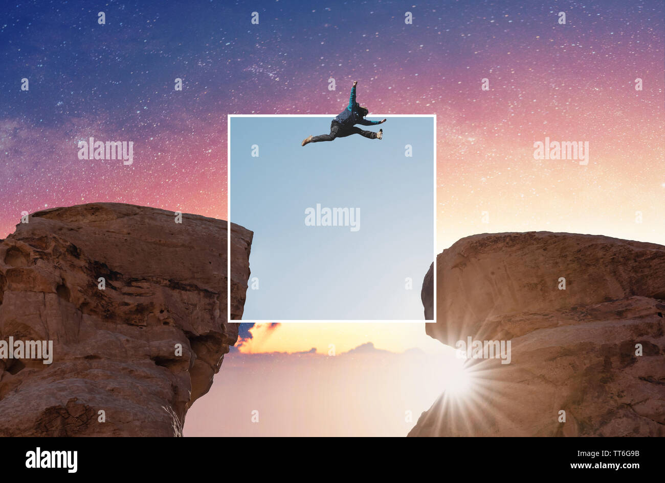 Challenge, risk, freedom and carefree concept. Silhouette a man jumping ...