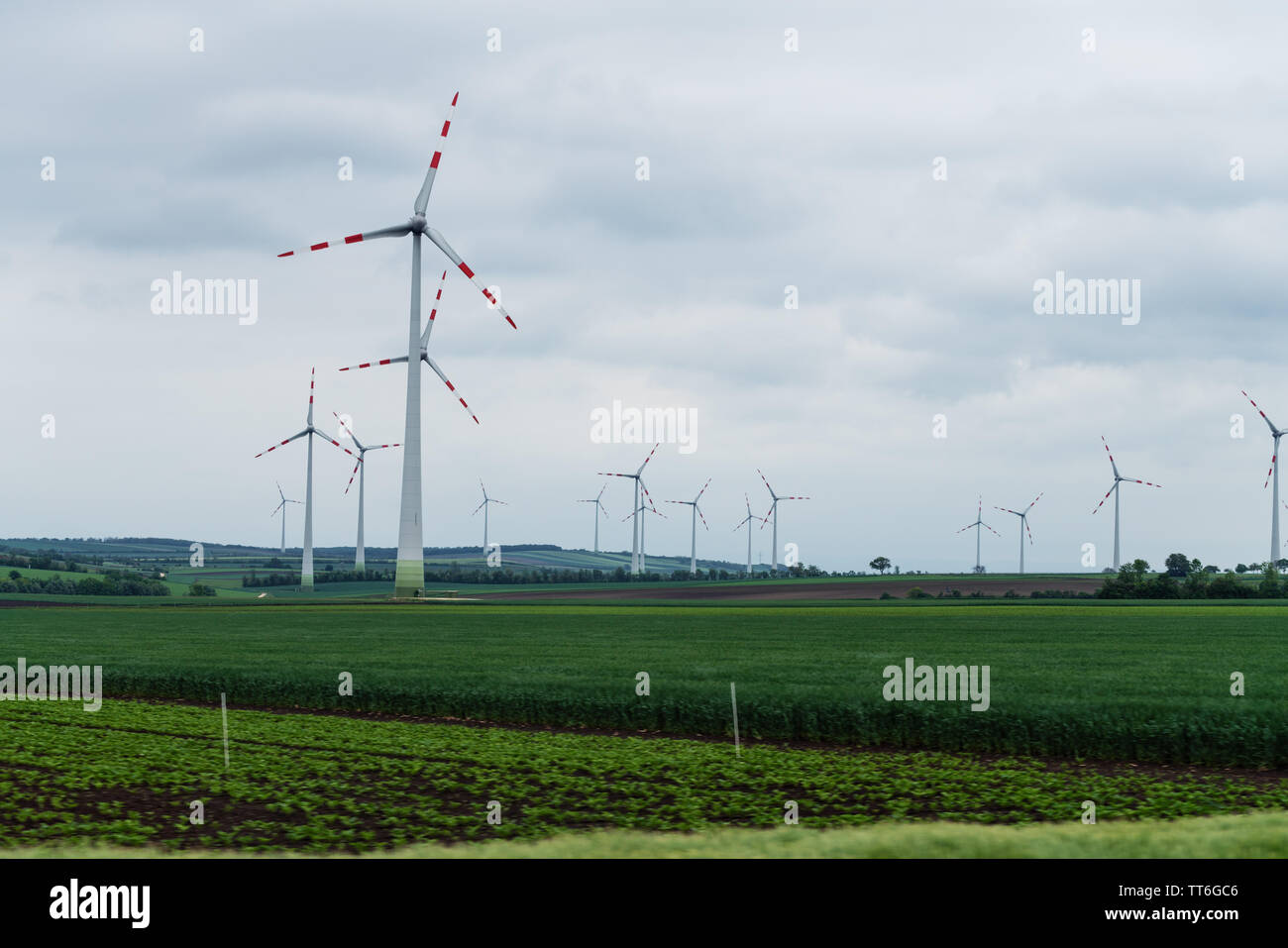Wind turbine on green fields in summertime. Natural wind power plants ...