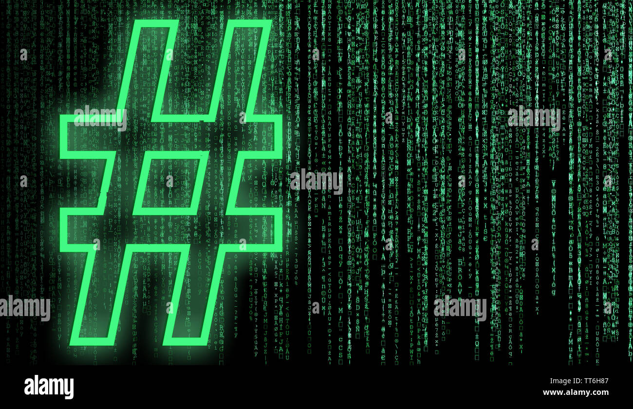 Green neon hashtag symbol with digital background Stock Photo - Alamy