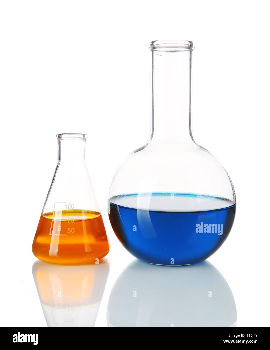 Two flasks with blue and orange fluid isolated on white Stock Photo - Alamy