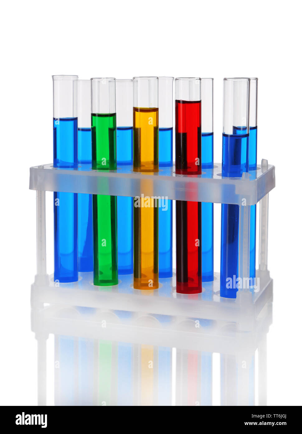 Test-tubes in container with colorful fluid isolated on white Stock ...