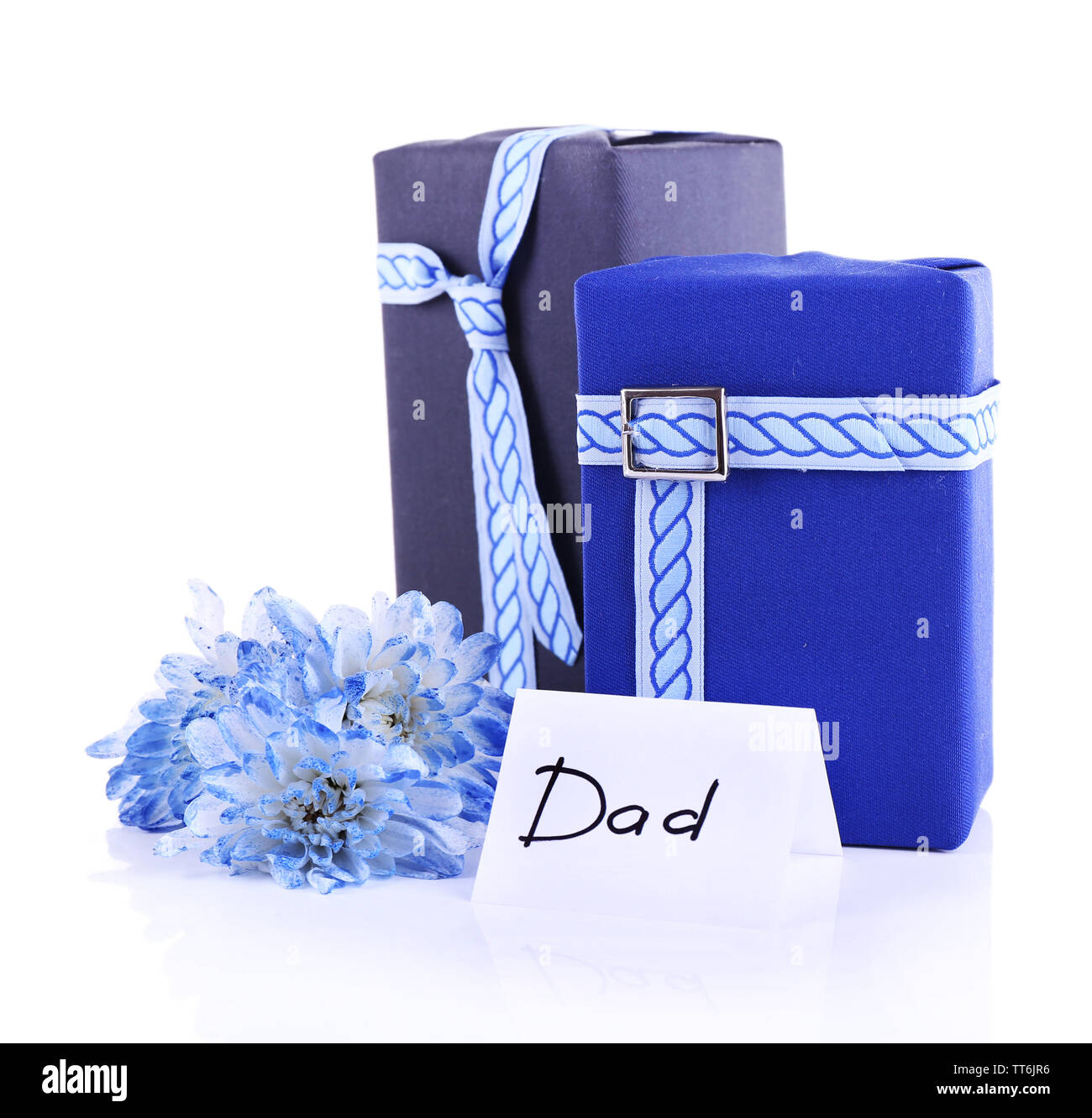Two gift boxes with blue flower and card for Dad on white background ...