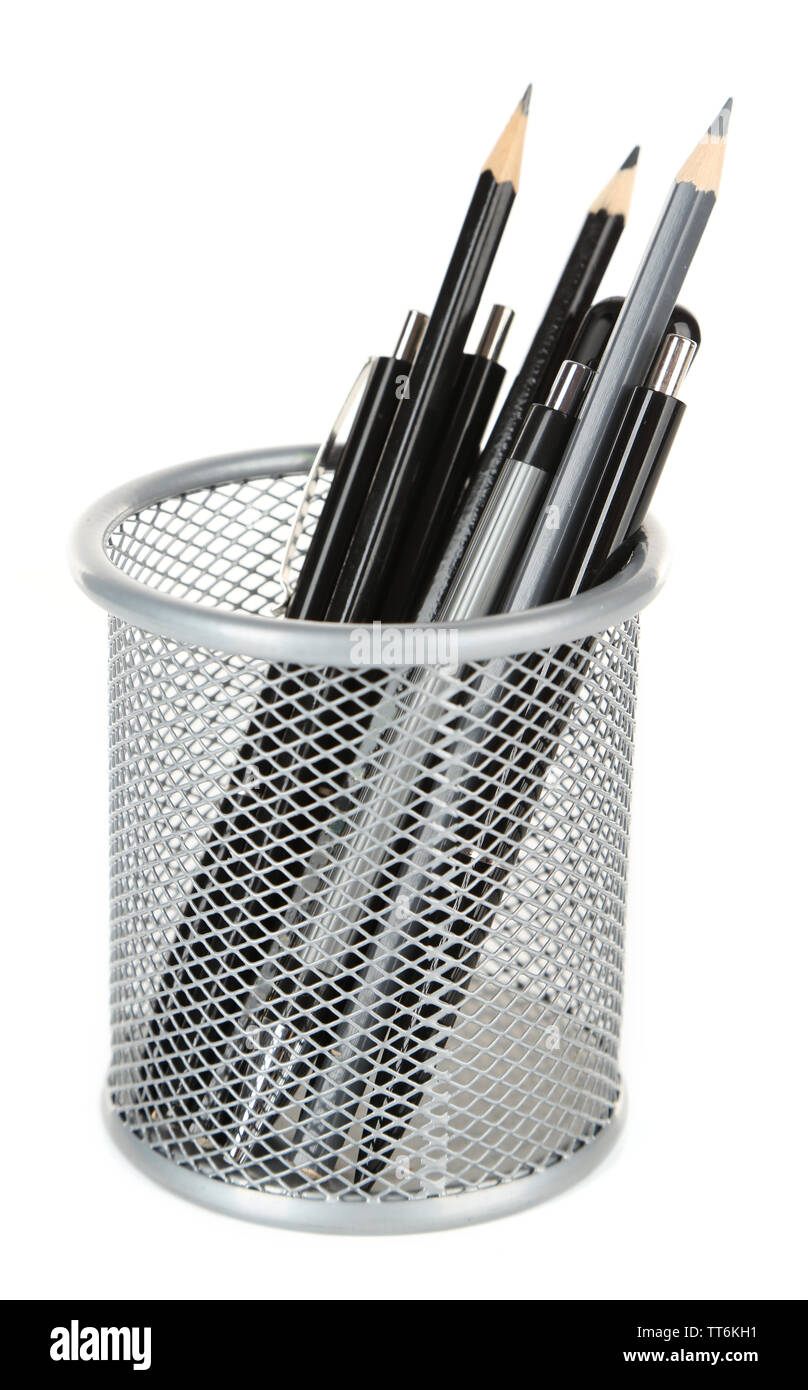 Black pens and pencils in metal vase isolated on white background Stock ...