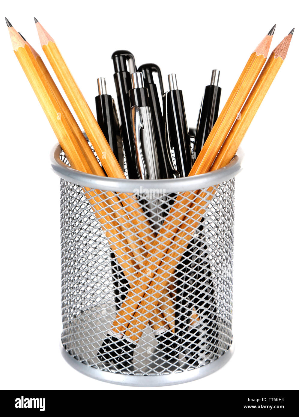 Pens and sharp pencils in metal vase isolated on white background Stock ...
