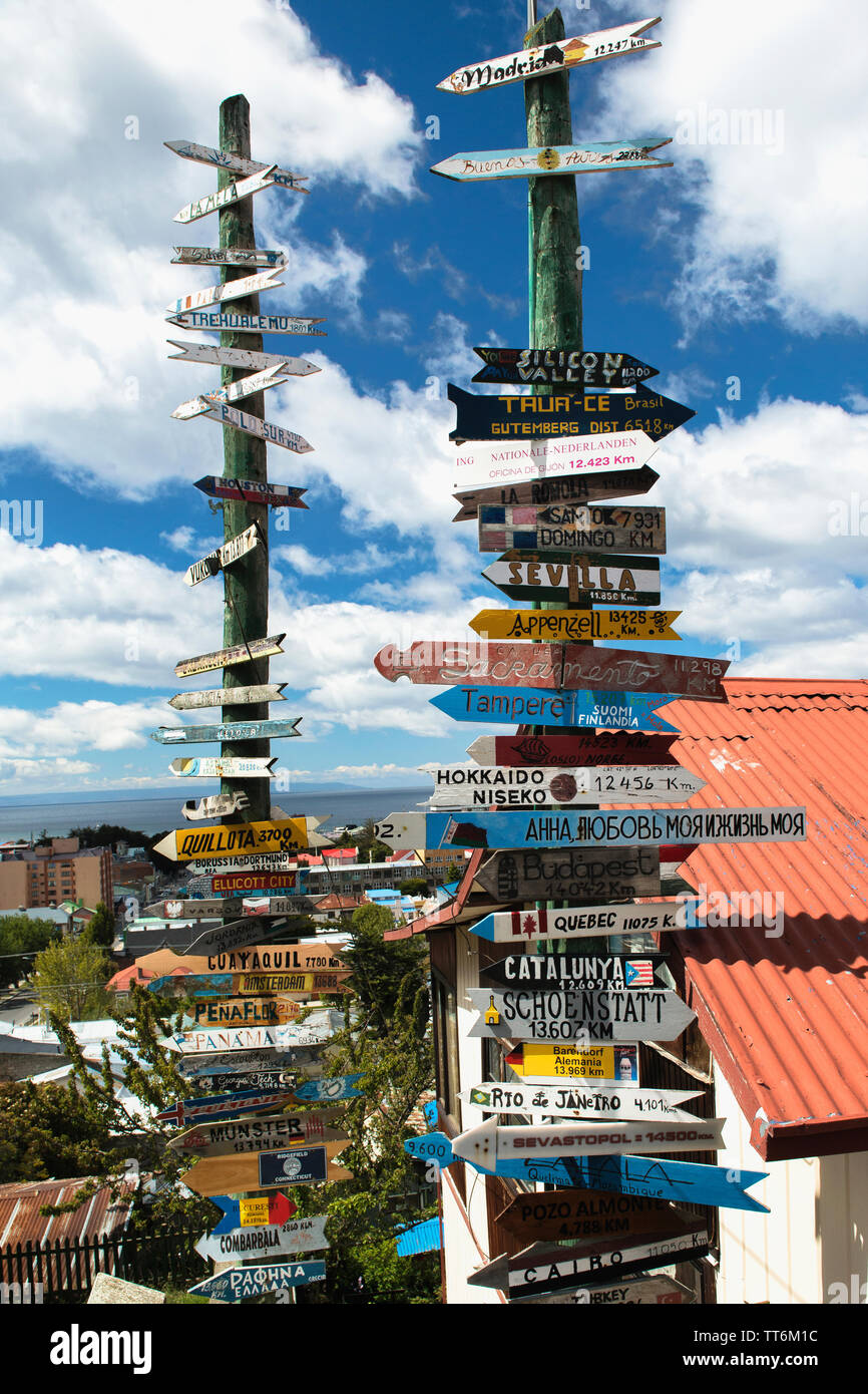 Distance Marker Signposts at La Cruz Hill viewpoint, Punta Arenas ...
