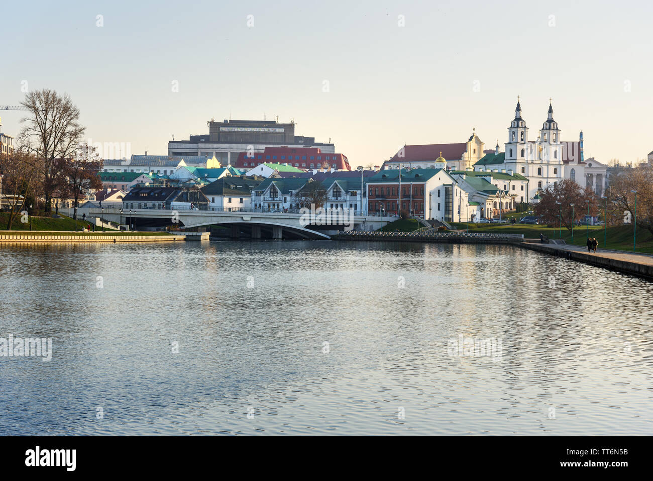 View of Upper Town on Svisloch river bank in historical center of Minsk ...