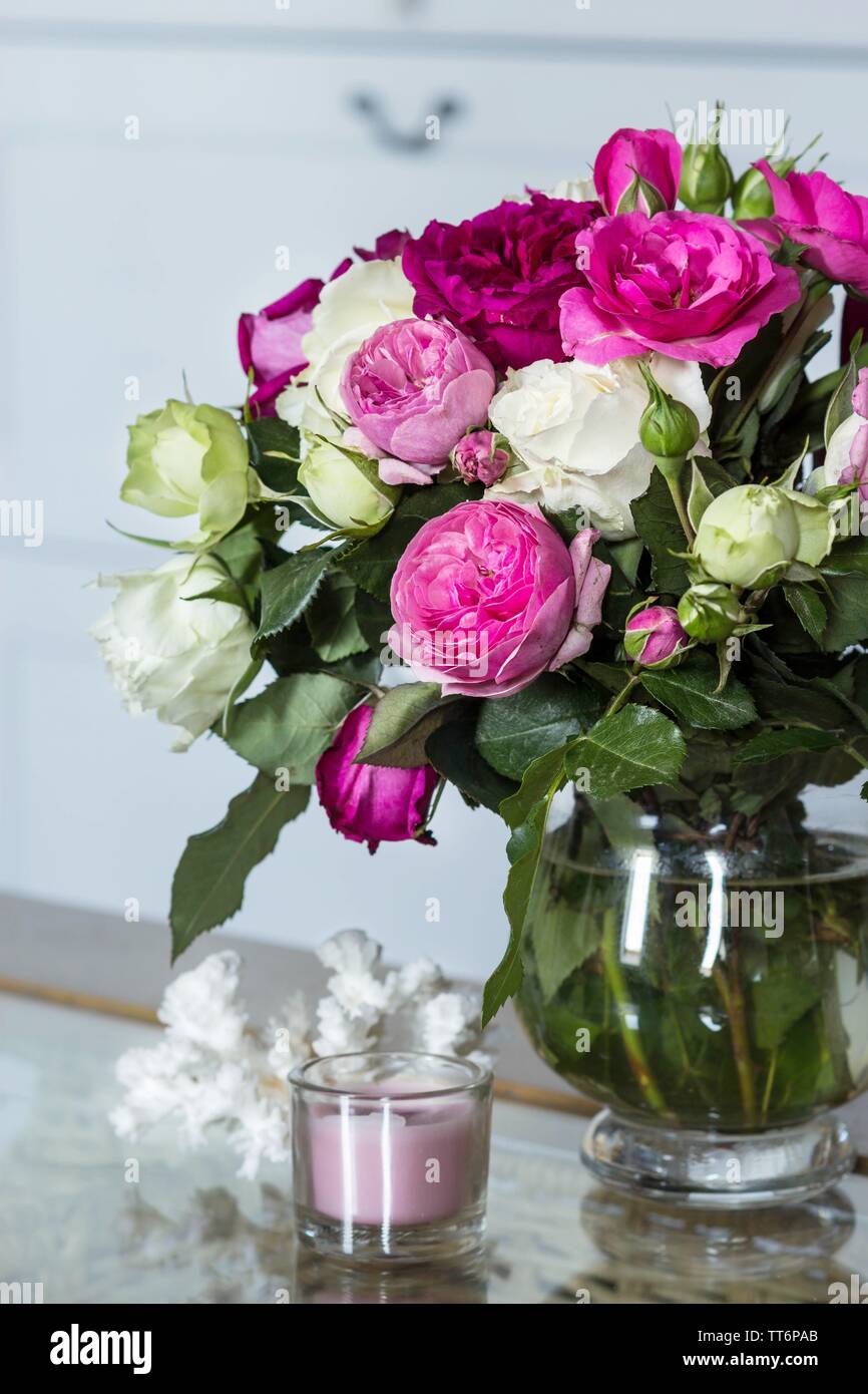Female Interior - bouquet of fragrant pink and white English roses ...