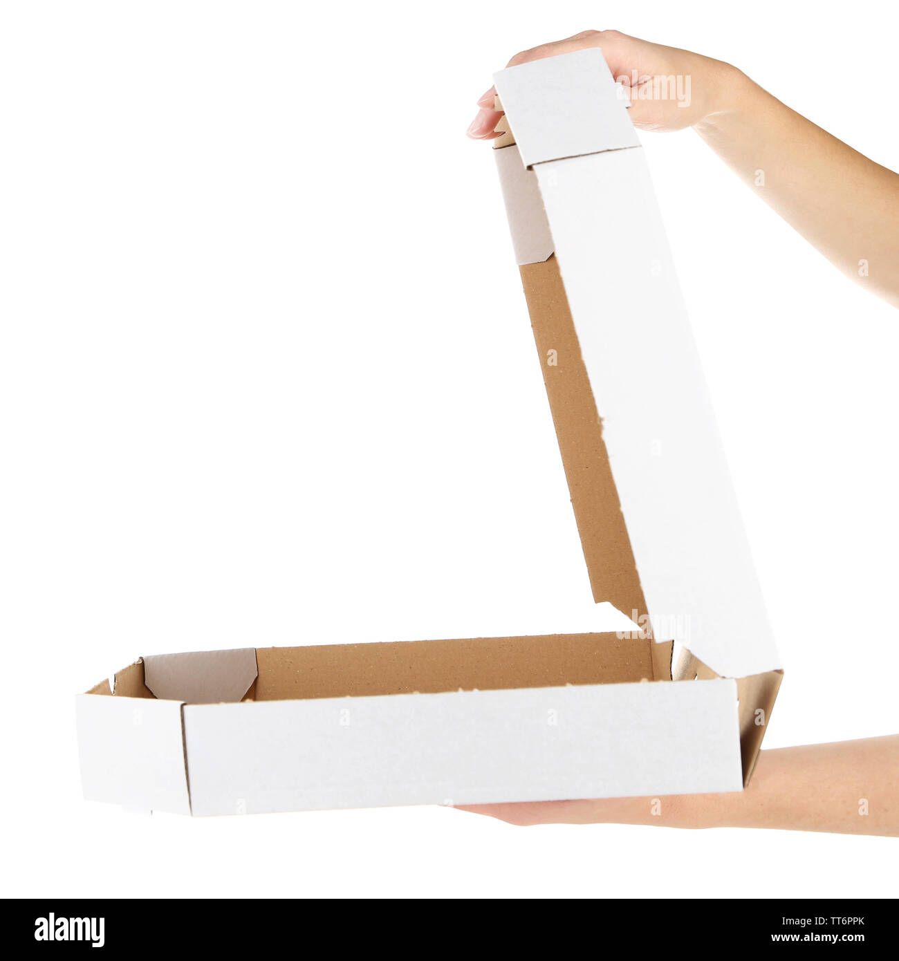 Hands holding cardboard pizza box, isolated on white Stock Photo - Alamy