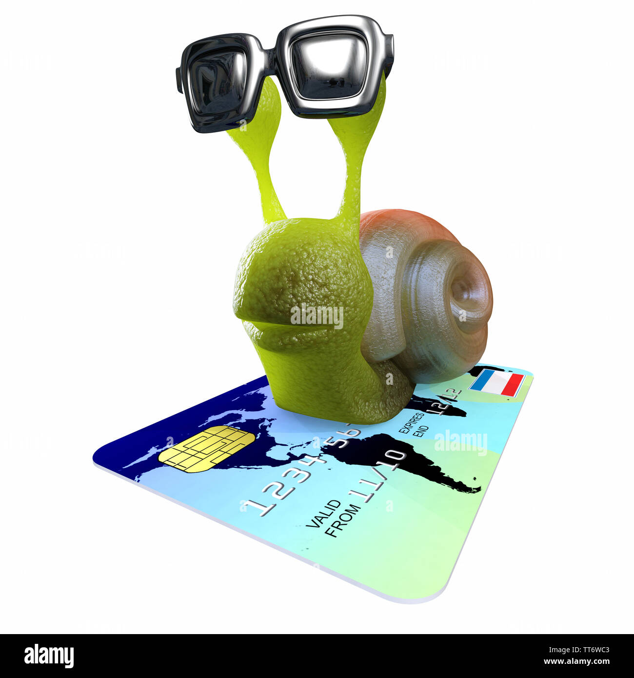 3d render of a funny cartoon snail character flying on a debit card ...