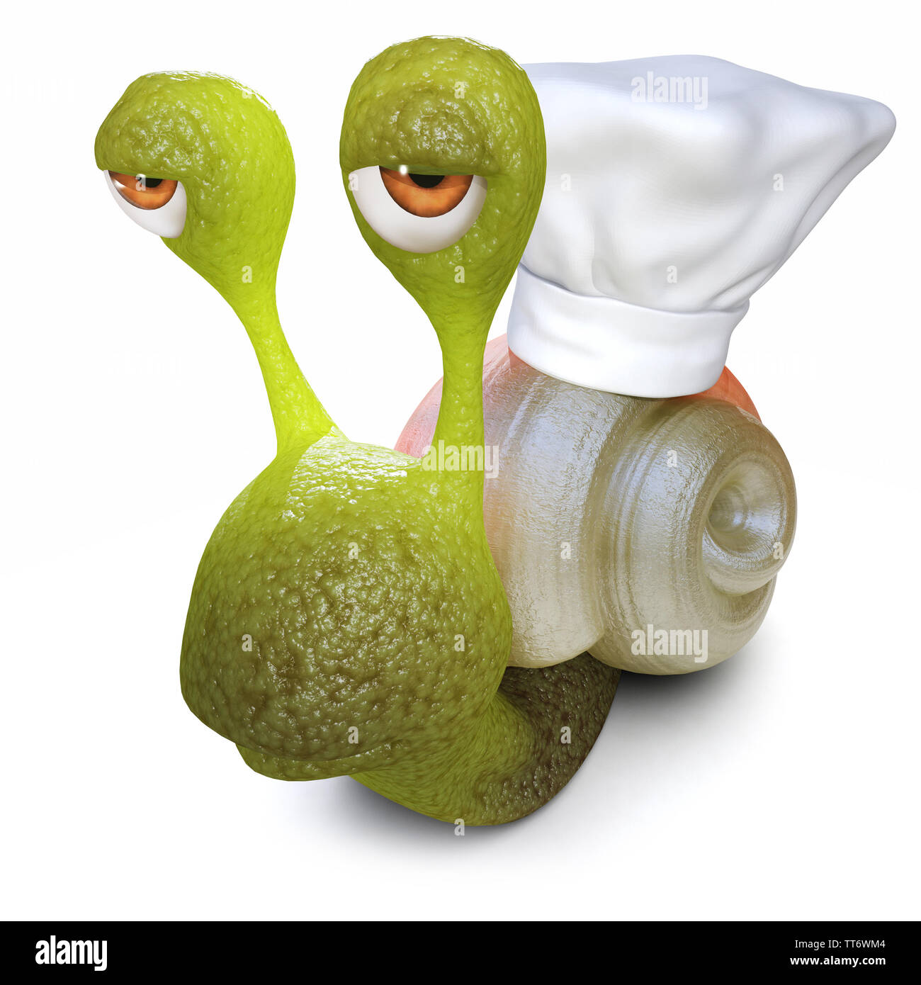 3d render of a funny cartoon snail character wearing a chefs hat on its ...