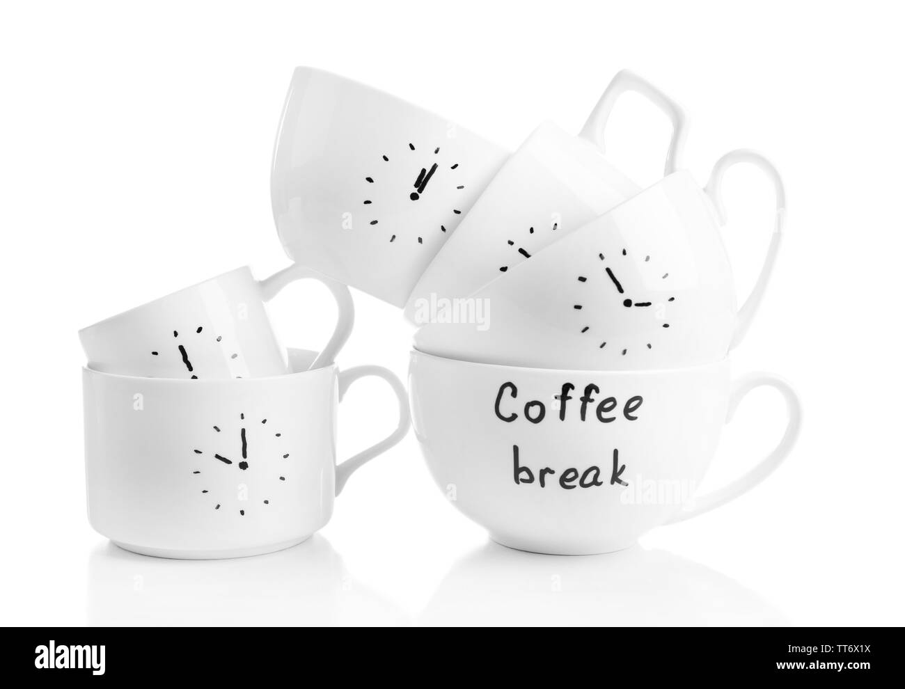 Coffee cups with time for coffee break, isolated on white Stock Photo ...