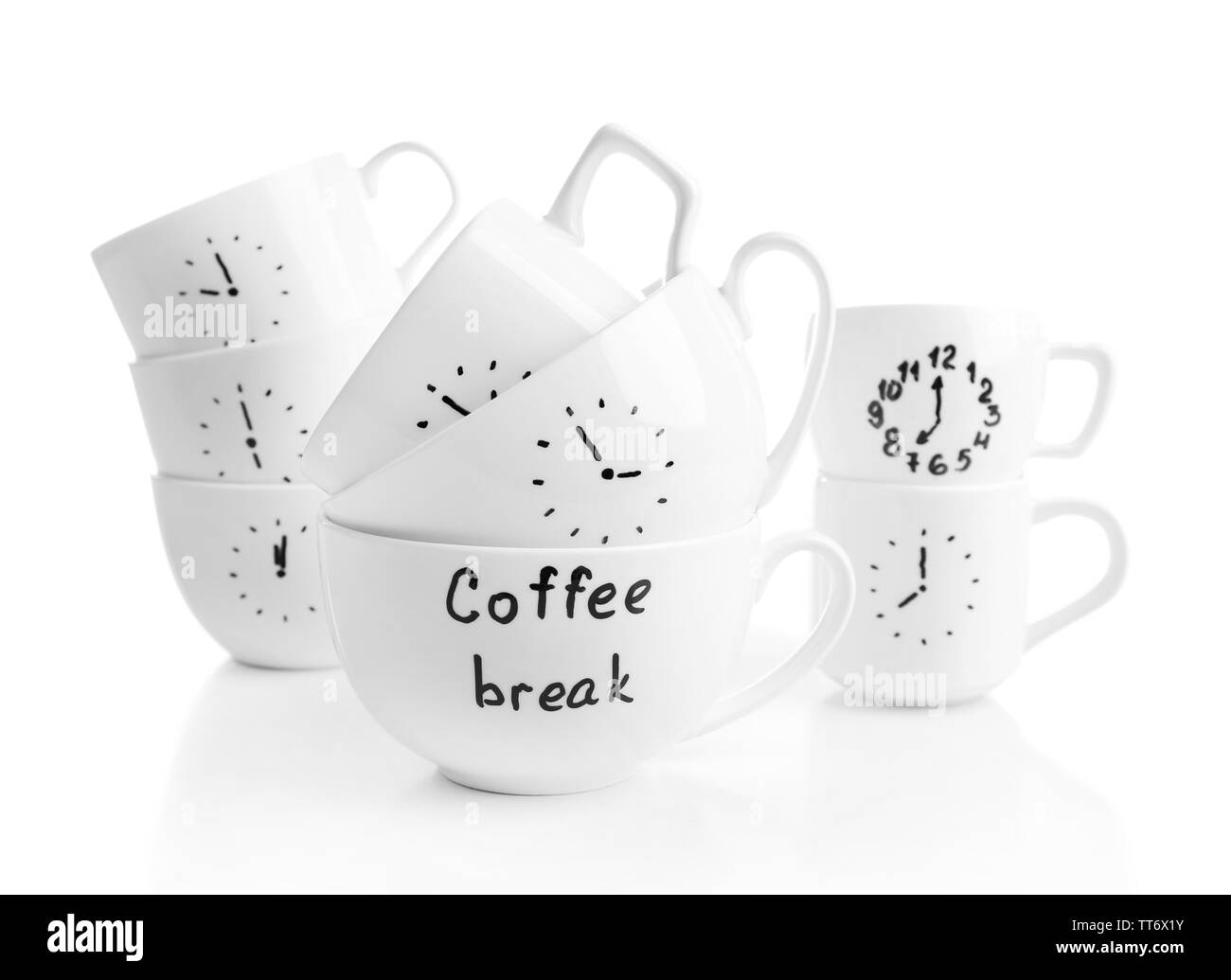 Coffee cups with time for coffee break, isolated on white Stock Photo ...