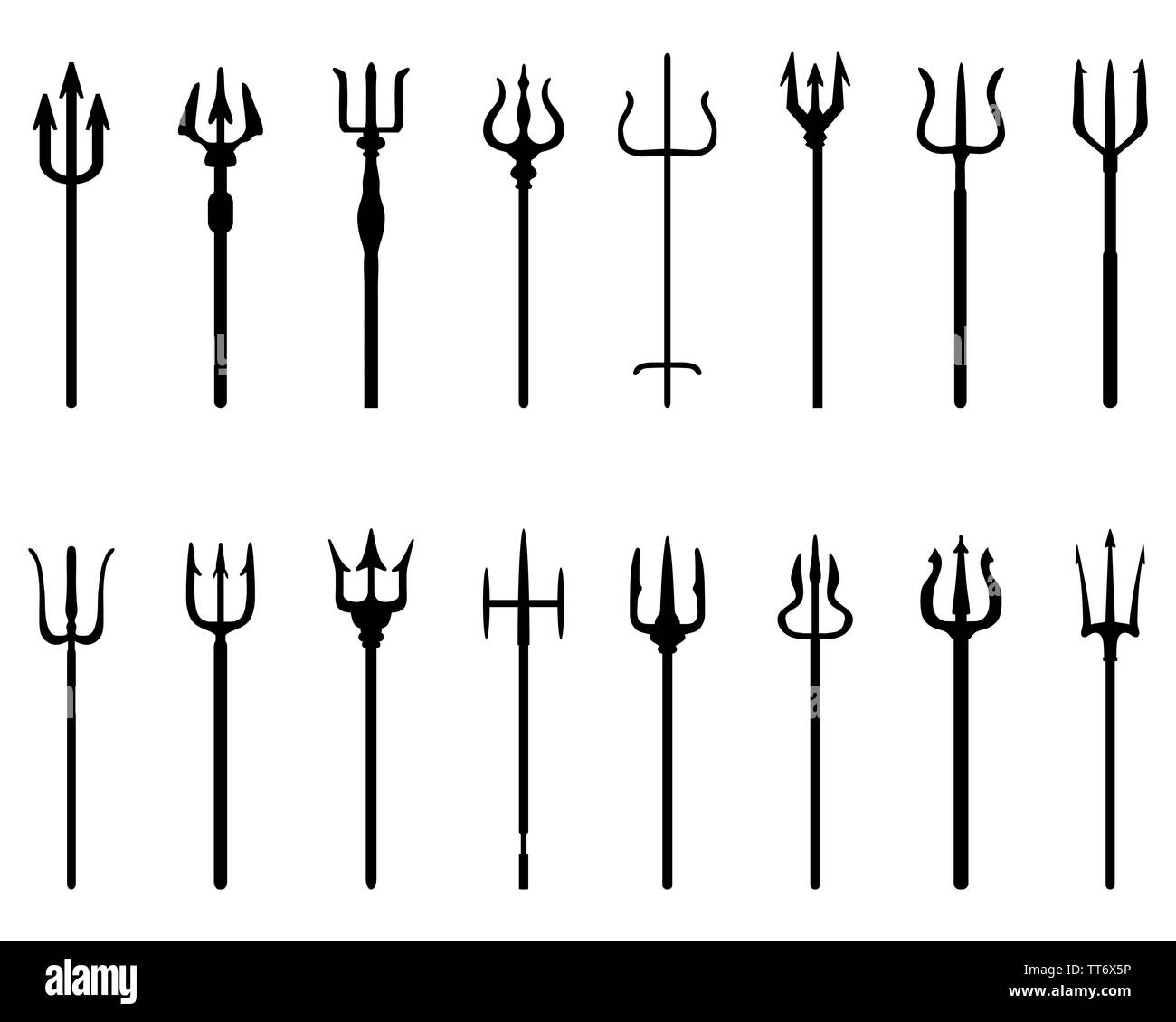 Set of trident, black silhouettes on a white background Stock Photo - Alamy