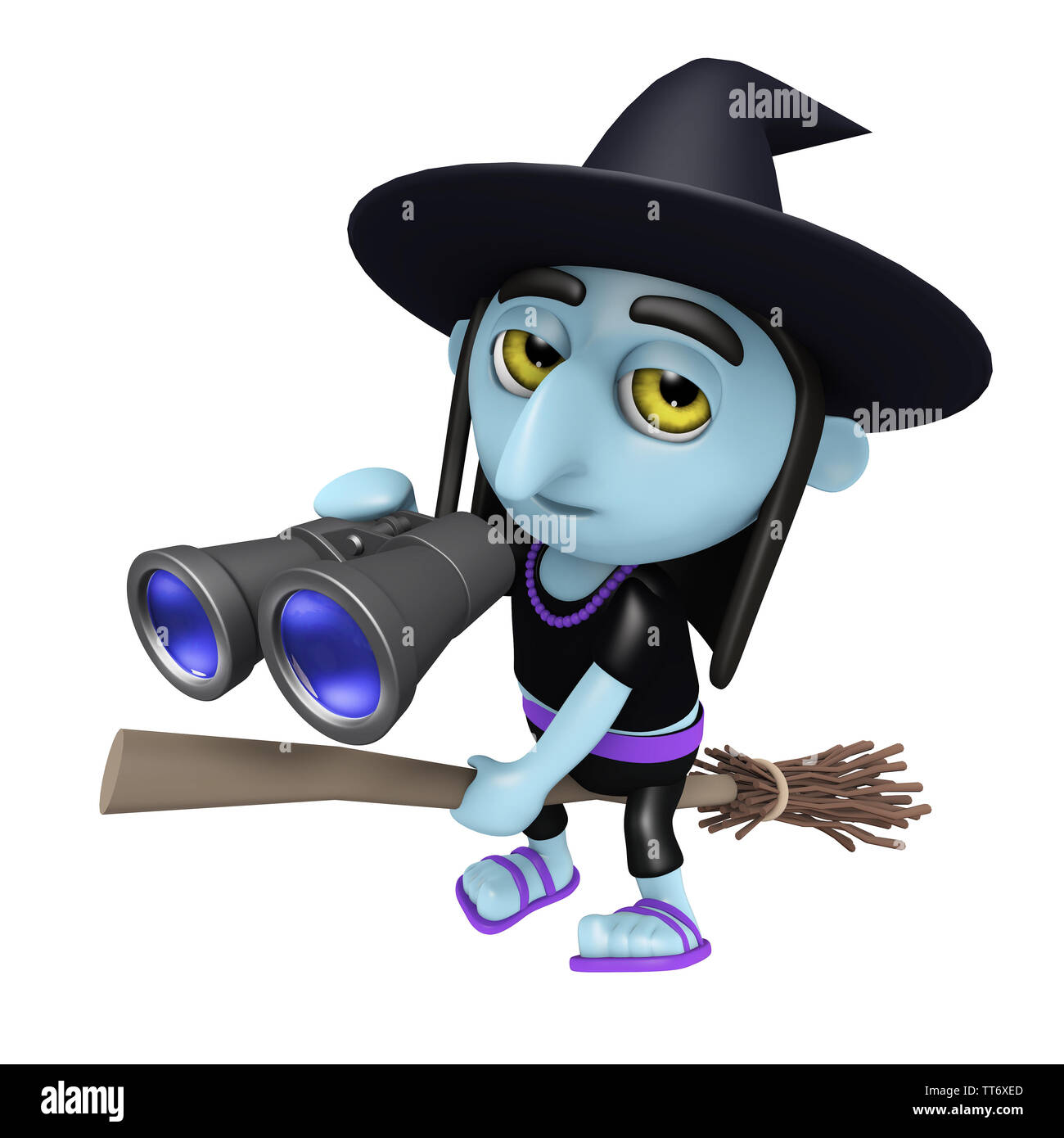 3d render of a funny cartoon Halloween witch flying on broomstick and ...