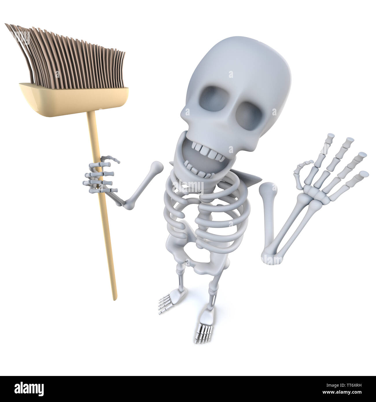 3d render of a funny cartoon skeleton character holding a broom ready ...