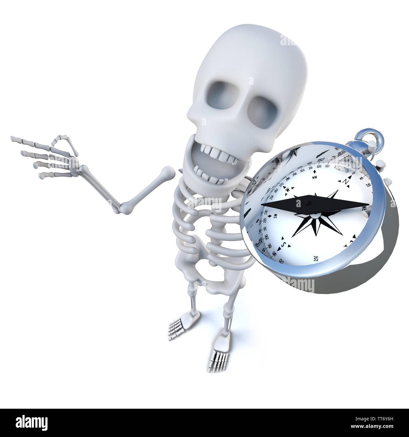 3d render of a funny cartoon spooky skeleton character navigating with ...