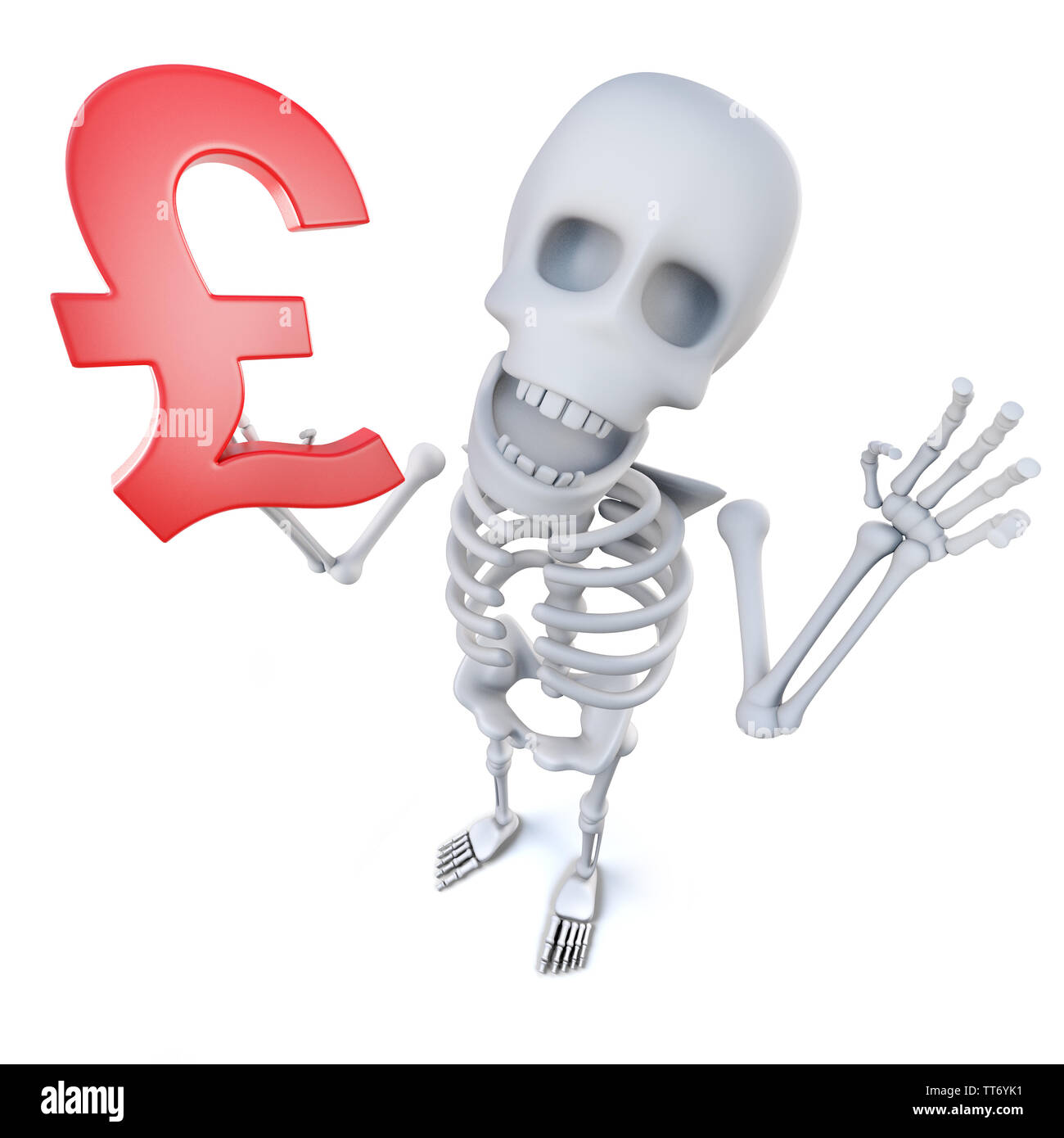 3d render of a funny cartoon skeleton character holding a UK Pounds ...