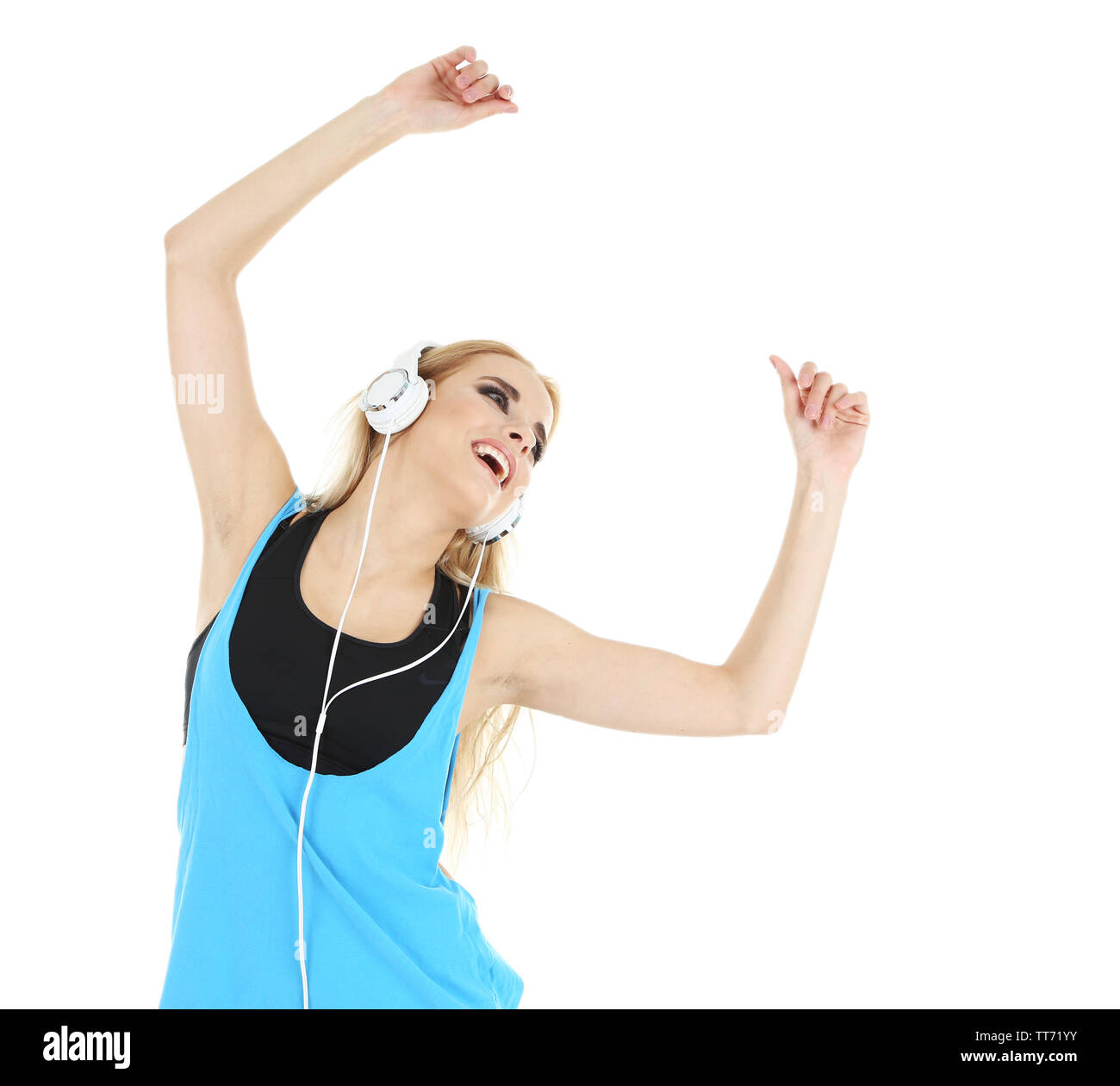 Hip hop dancer with headphones dancing isolated on white Stock Photo ...