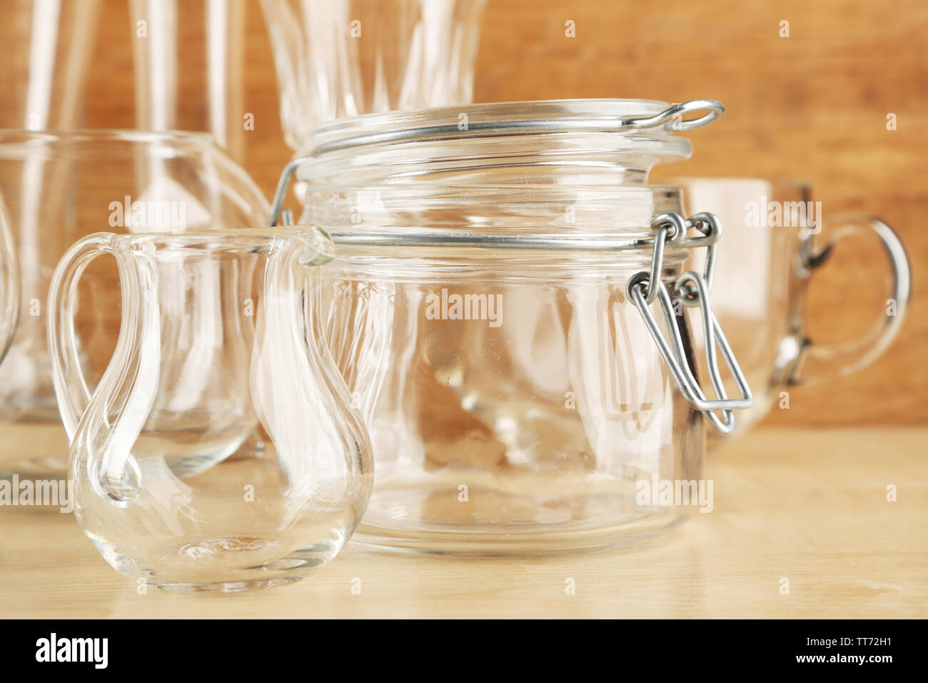 Different glassware on wooden hi-res stock photography and images - Alamy
