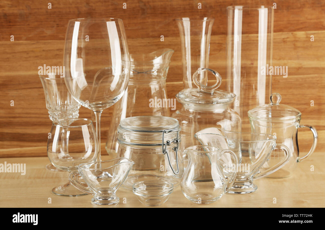 Different glassware on wooden hi-res stock photography and images - Alamy