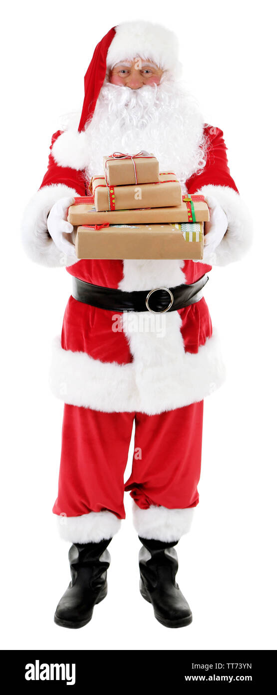 Santa Claus holding gift boxes isolated on white background Stock Photo ...