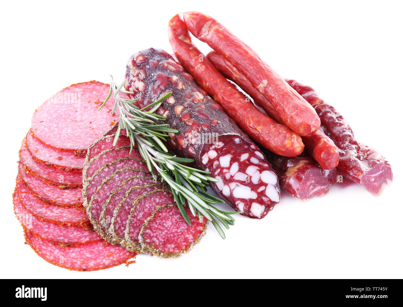 Assortment of smoked sausages isolated on white Stock Photo - Alamy