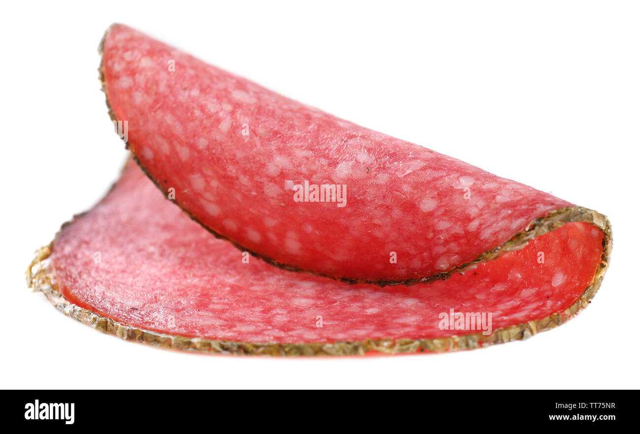 Slice of salami isolated on white background Stock Photo - Alamy