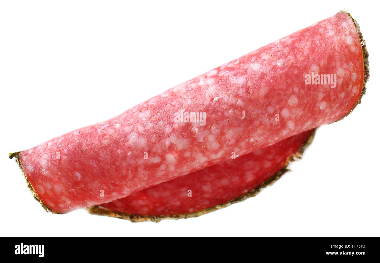 Slice of salami isolated on white background Stock Photo - Alamy