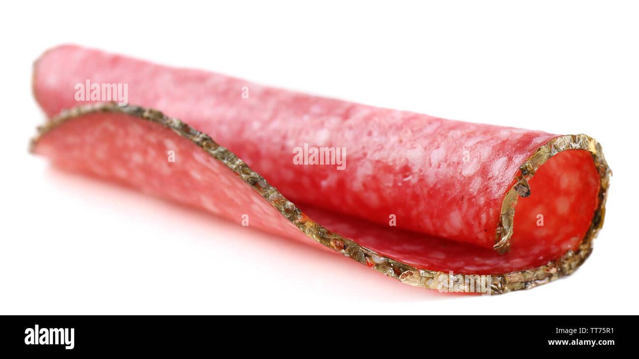 Slice of salami isolated on white background Stock Photo - Alamy