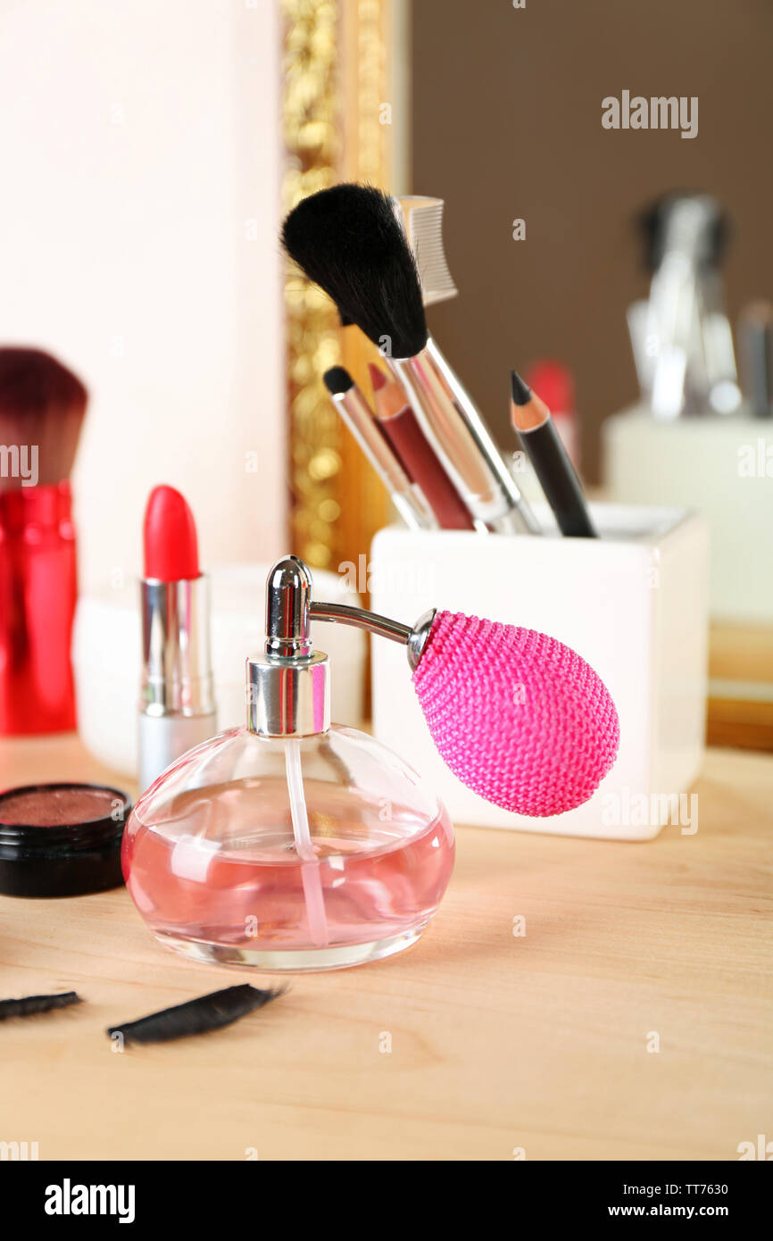 Different cosmetics on dressing table, close up Stock Photo - Alamy