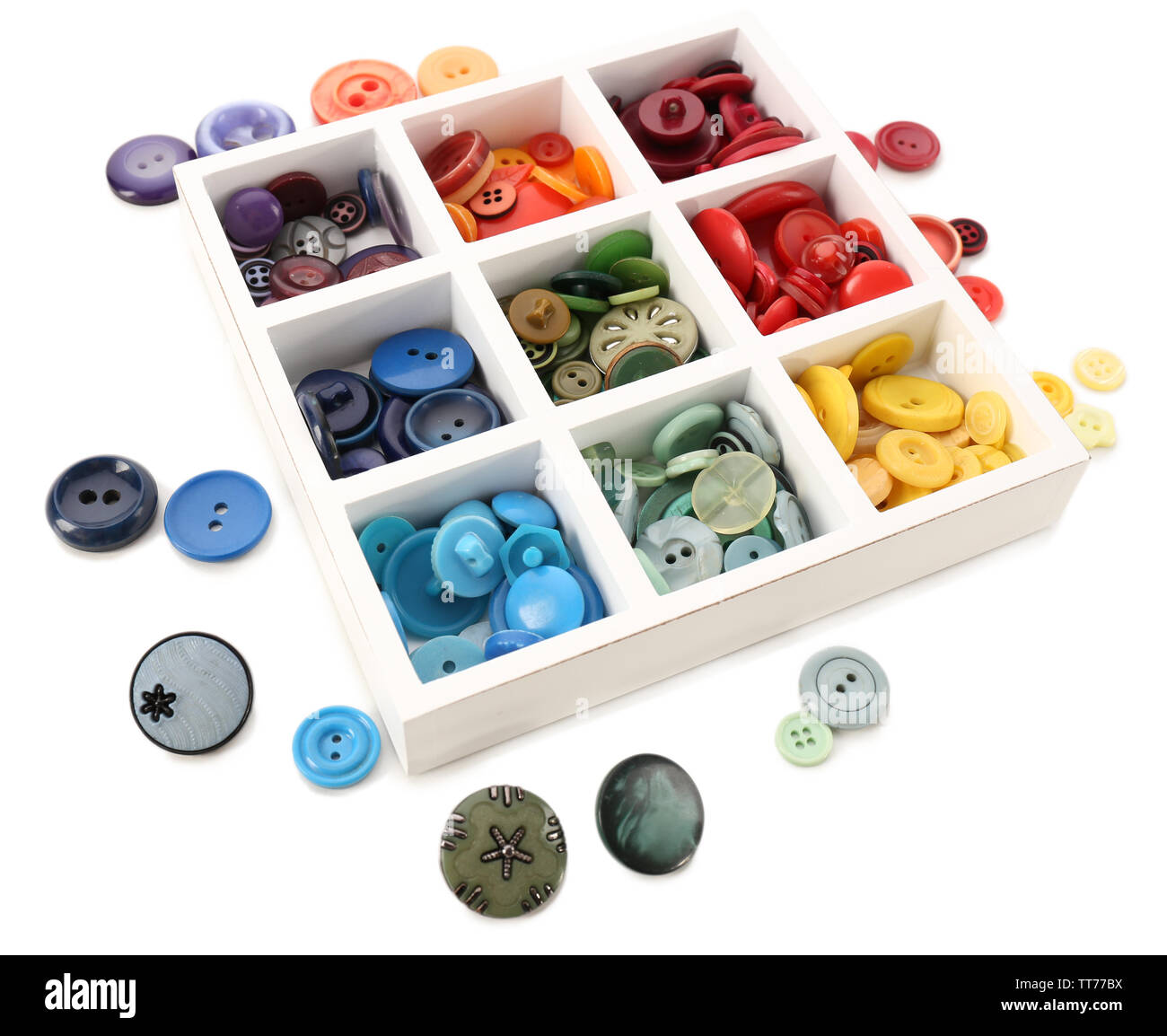 Various of sewing buttons in box isolated on white Stock Photo - Alamy