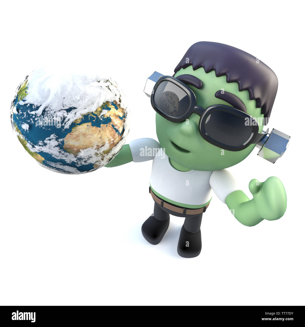 3d render of a funny cartoon frankenstein monster holding a globe of ...