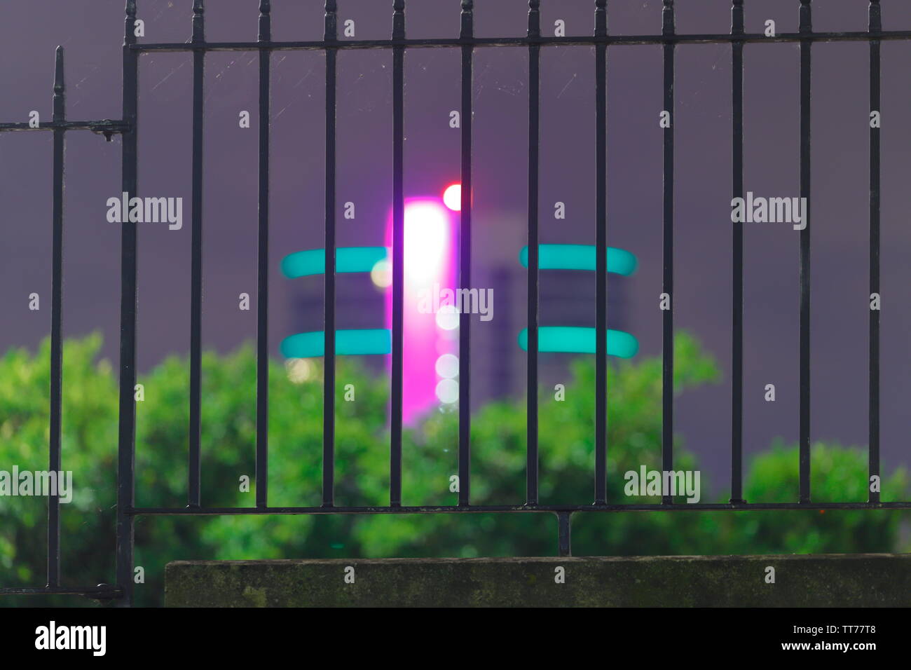 The top of Bridgewater Place in Leeds, seen through iron railings Stock ...