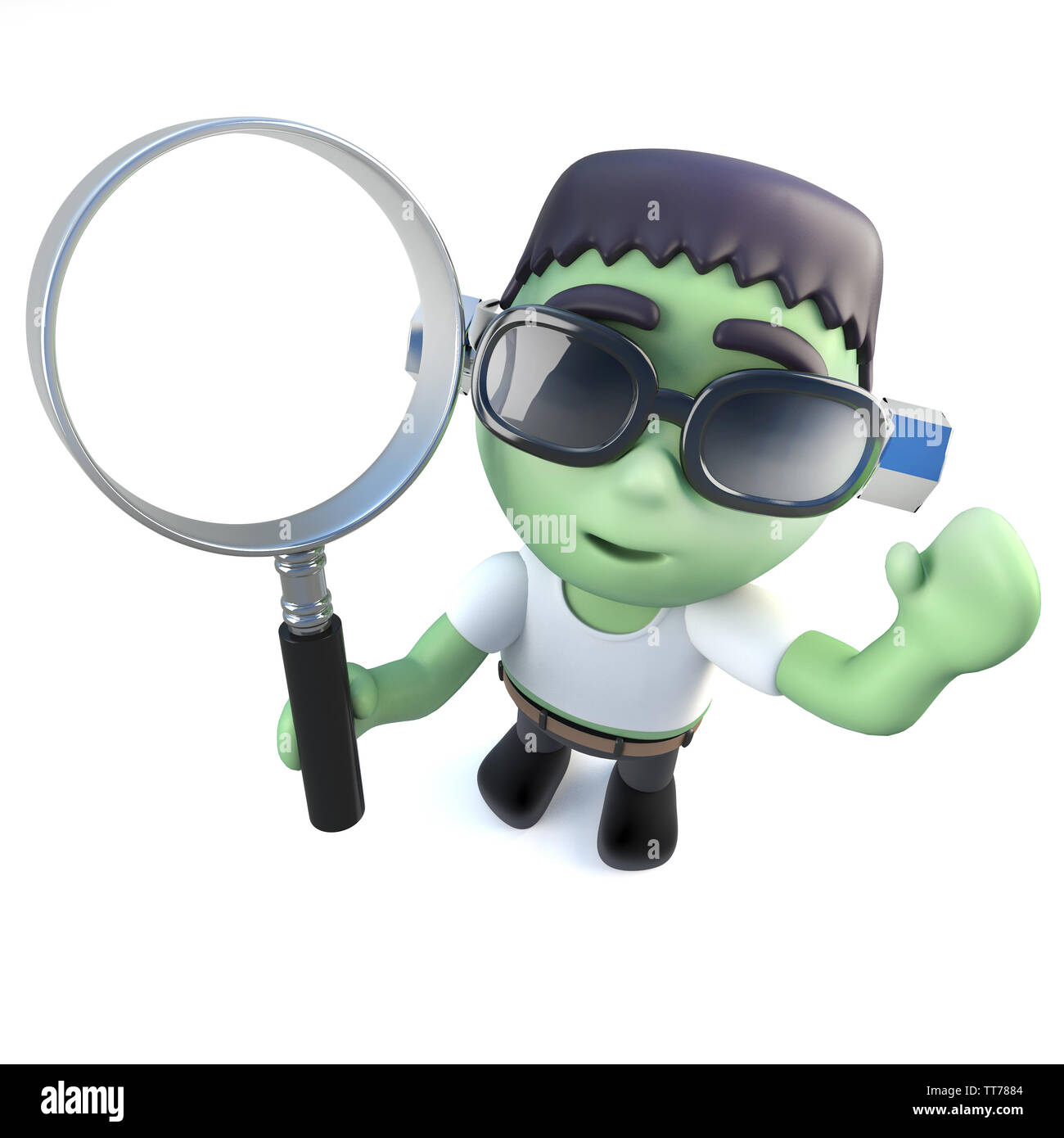 3d render of a funny cartoon frankenstein monster holding a magnifying ...