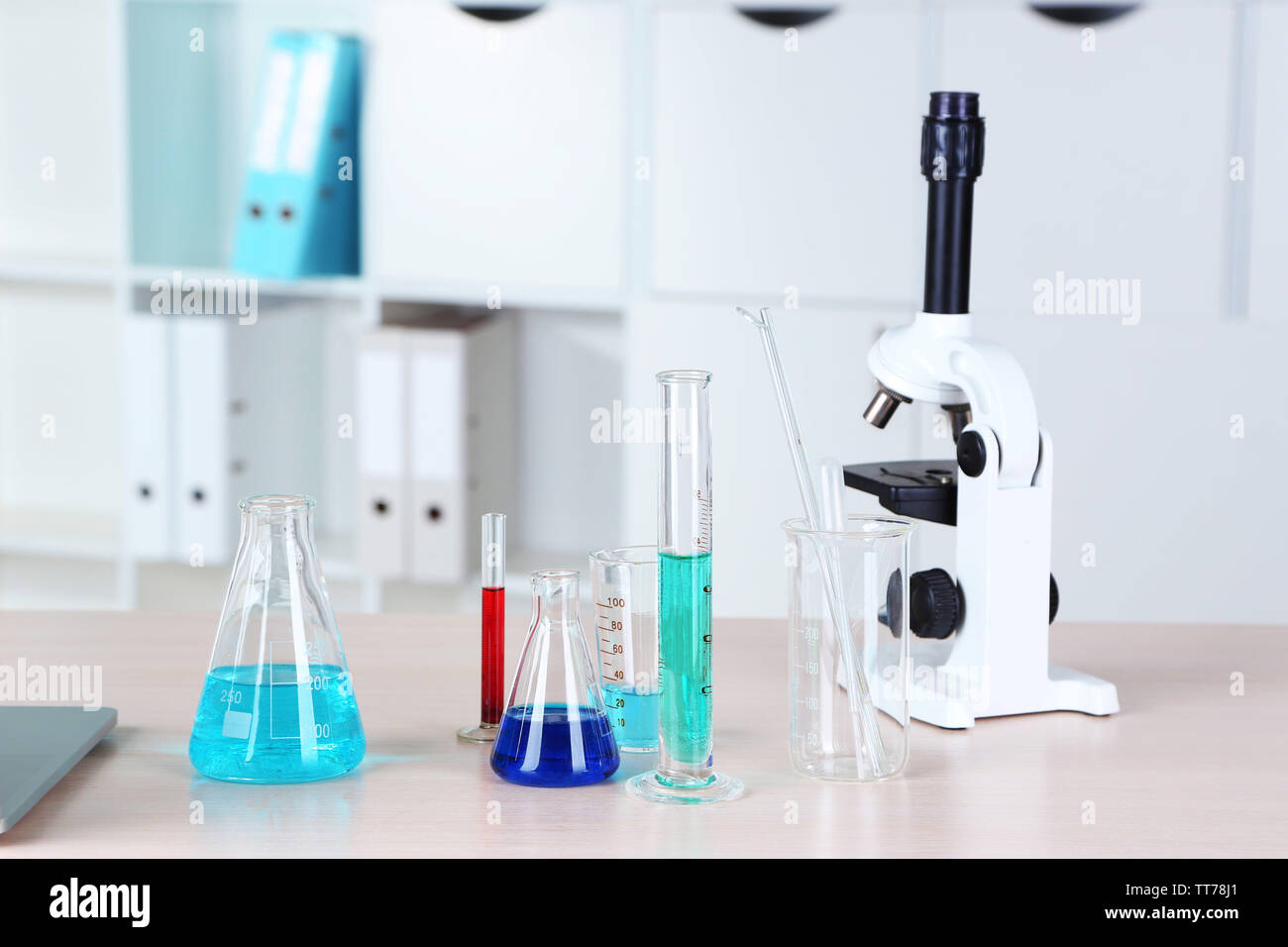 Laboratory equipment on table Stock Photo - Alamy